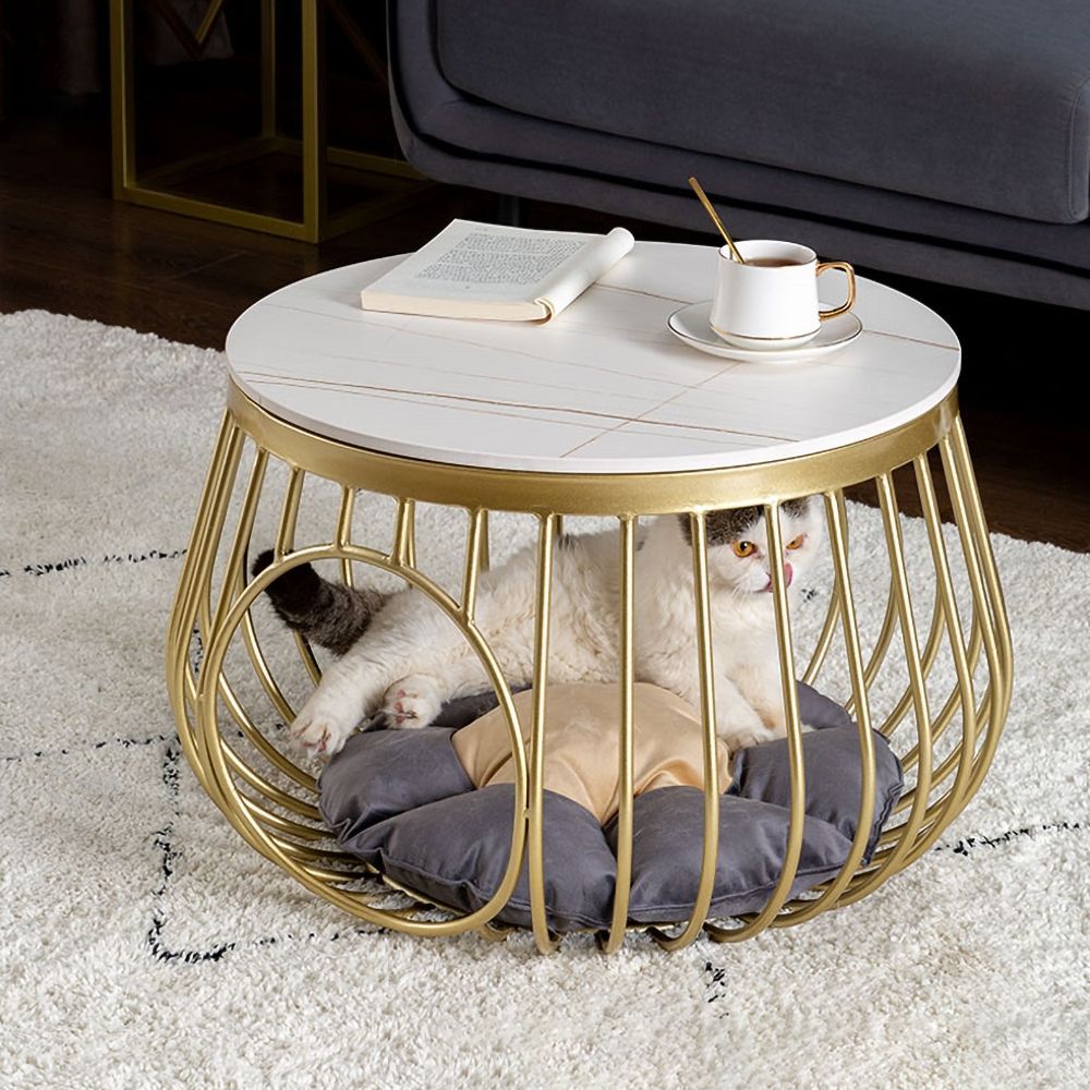 Modern White Side Table Faux Marble End Table with Round Tabletop Cat Bed