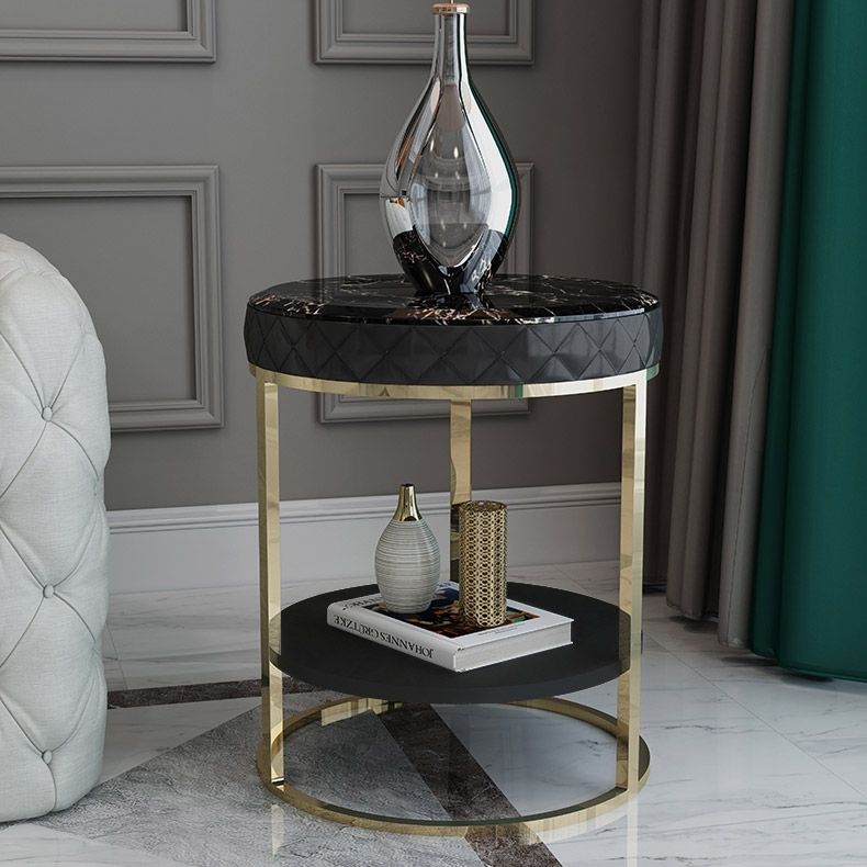 Black Round Faux Marble Side Table with Storage PU Leather Gold Finish