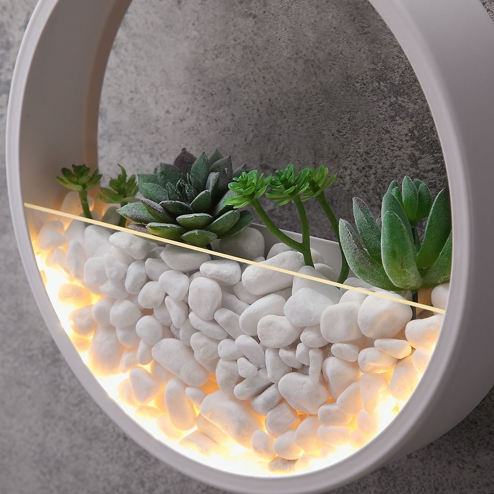 Ultra Modern LED Artificial Mini Wall Planter Round Metal Glass Indoor ...