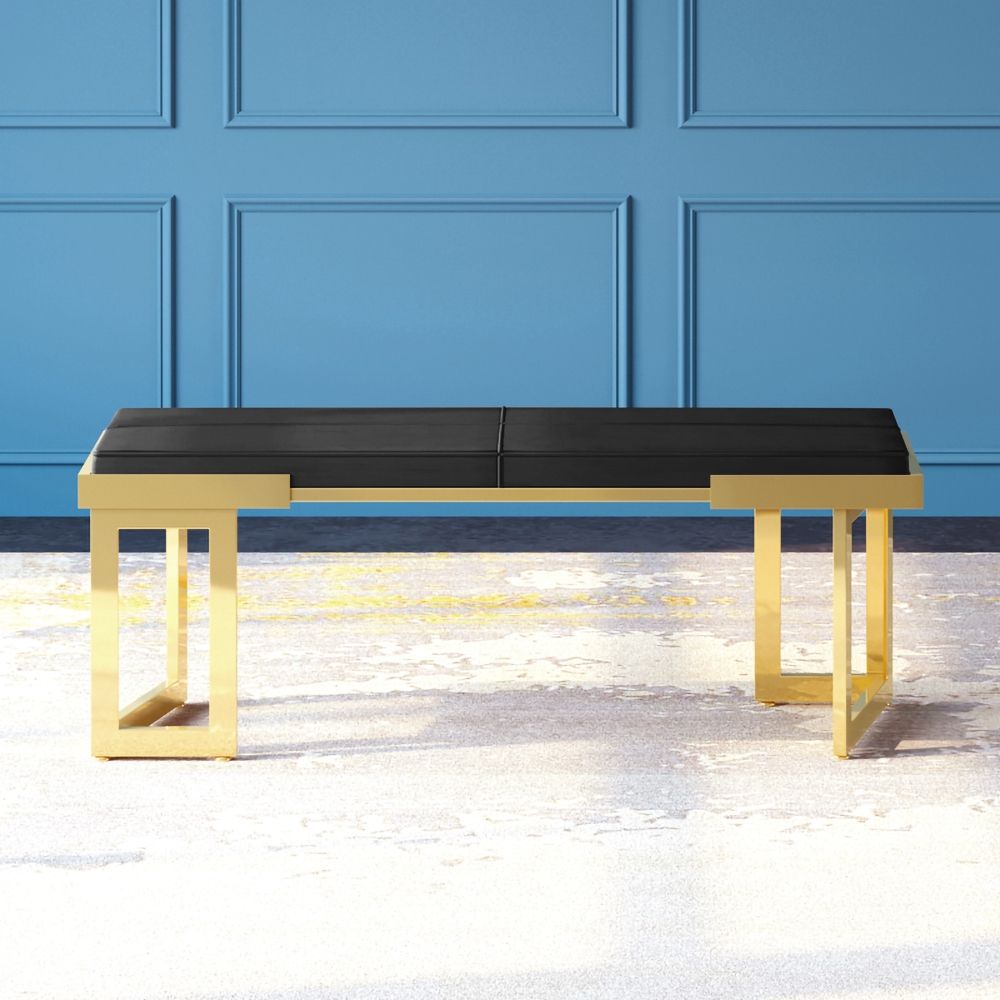 Modern Black Upholstered Bench Soft PU Leather Bench with Gold Metal
