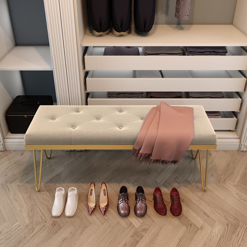 Beige Tufted Entryway Bench Upholstered Velvet Modern Bench in Gold