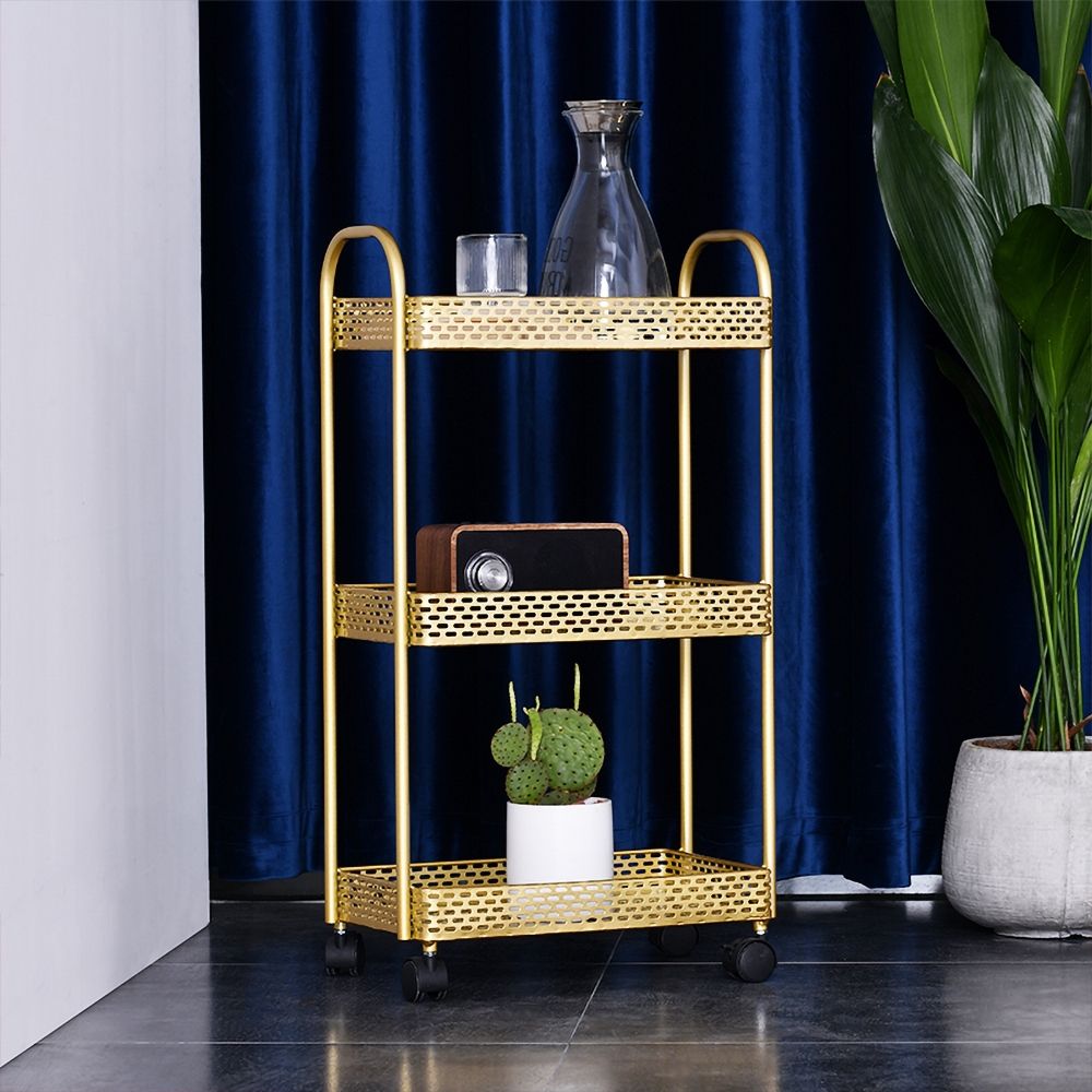 Modern Gold 3 Tier Mesh Storage Rolling Cart Metal