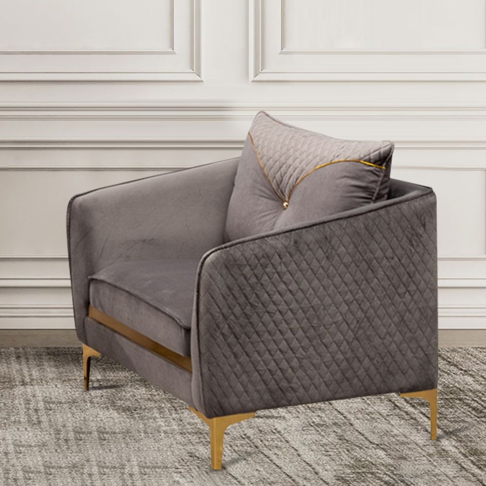 Modern Luxury Chair Gray Velvet Upholstered Accent Chair in Gold Finish