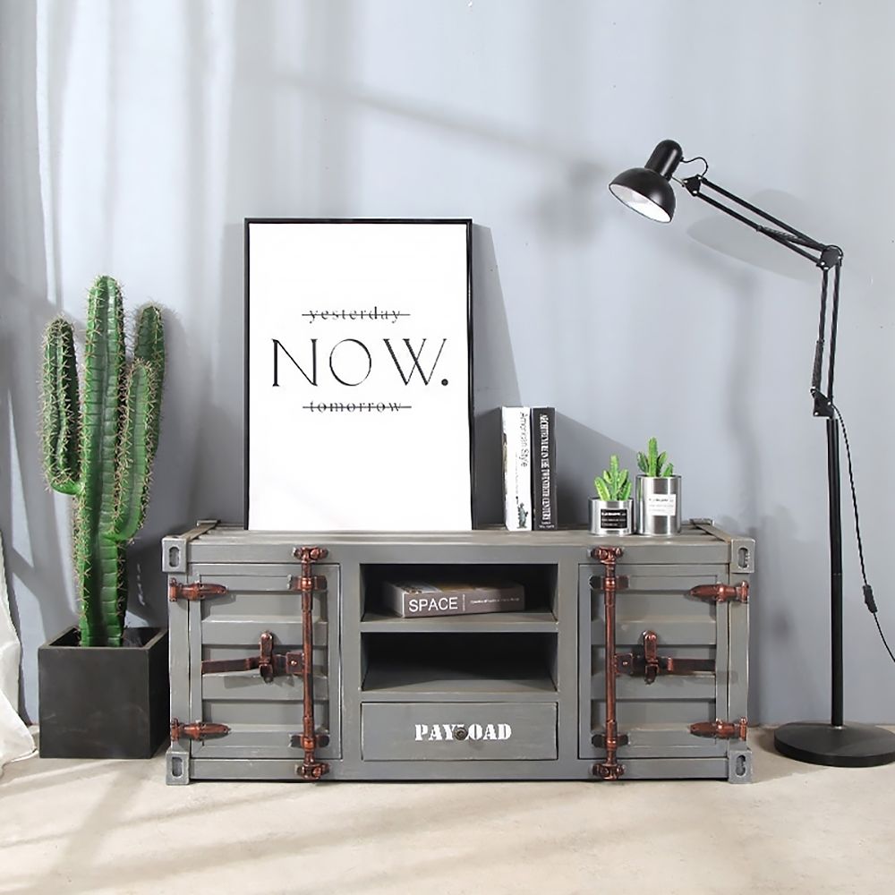 1500mm Cargo Container Style Grey TV Stand with Open Shelves & Drawer 2 ...