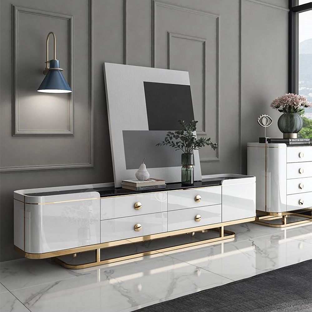 Modern White TV Stand with 2 Doors & 4 Drawers Tempered Glass Top Media ...