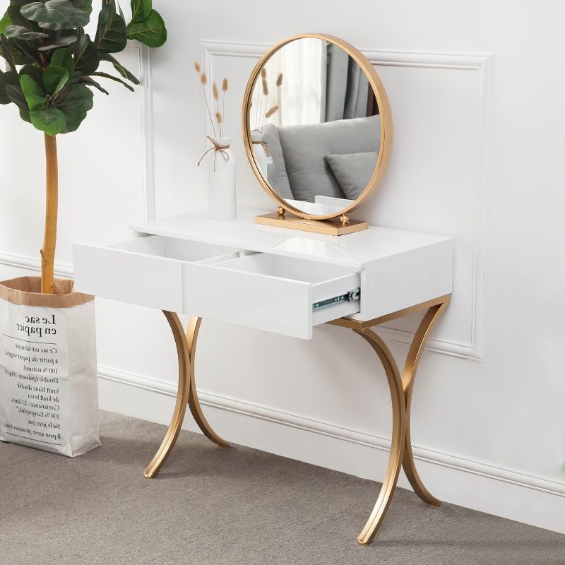 White Wood Makeup Table with Round Mirror & Chair Set Gold Metal Base Small