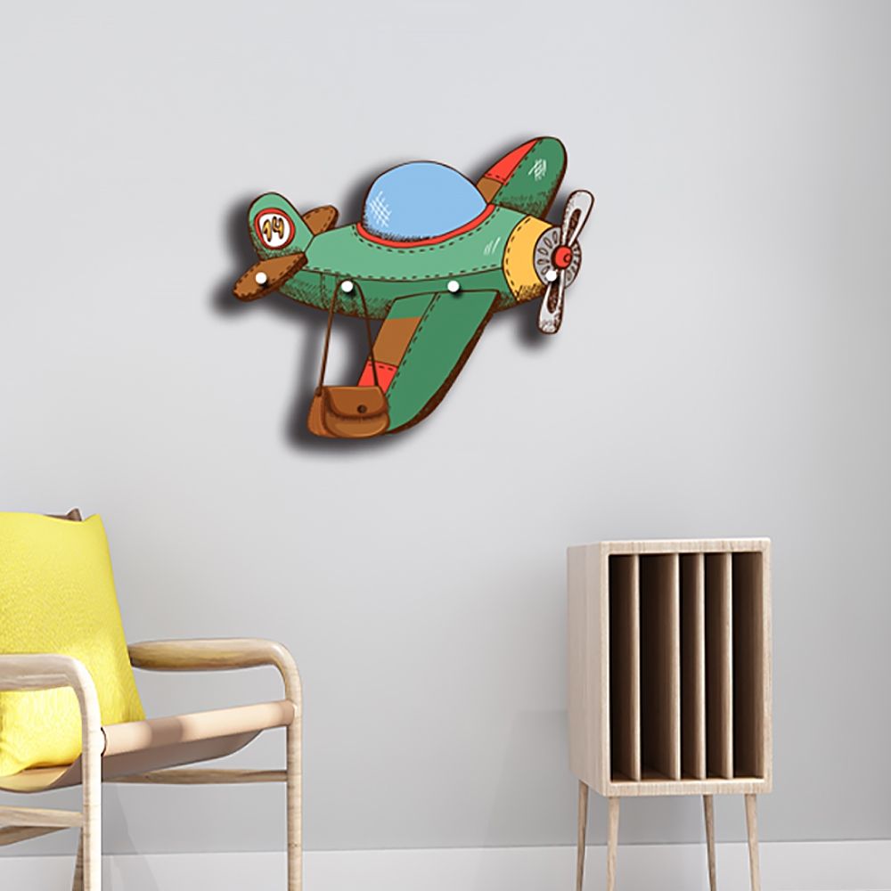 Cute Airplane Kids Wooden Wall Mounted Coat Rack with 4 Hook Set of 2