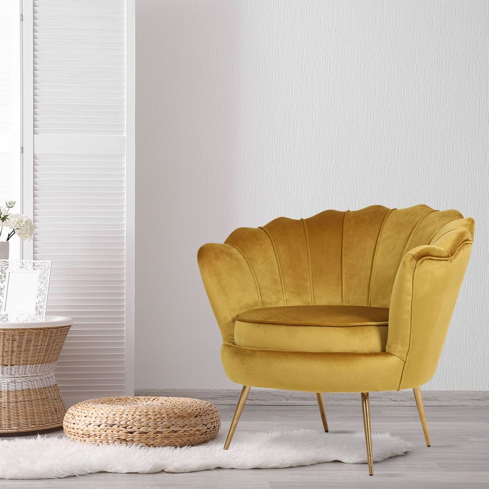 Modern Yellow Velvet Accent Chair Scalloped Barrel Shair Shell Curved ...