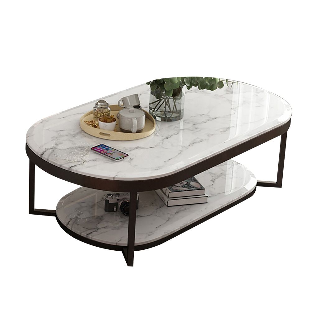 2-Tiered Modern Marble Coffee Table with Shelf Metal Frame
