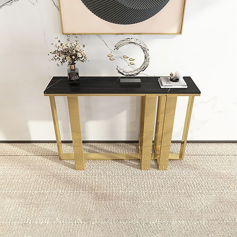 Modern Black Stone Narrow Console Table Rectangle Gold Finish