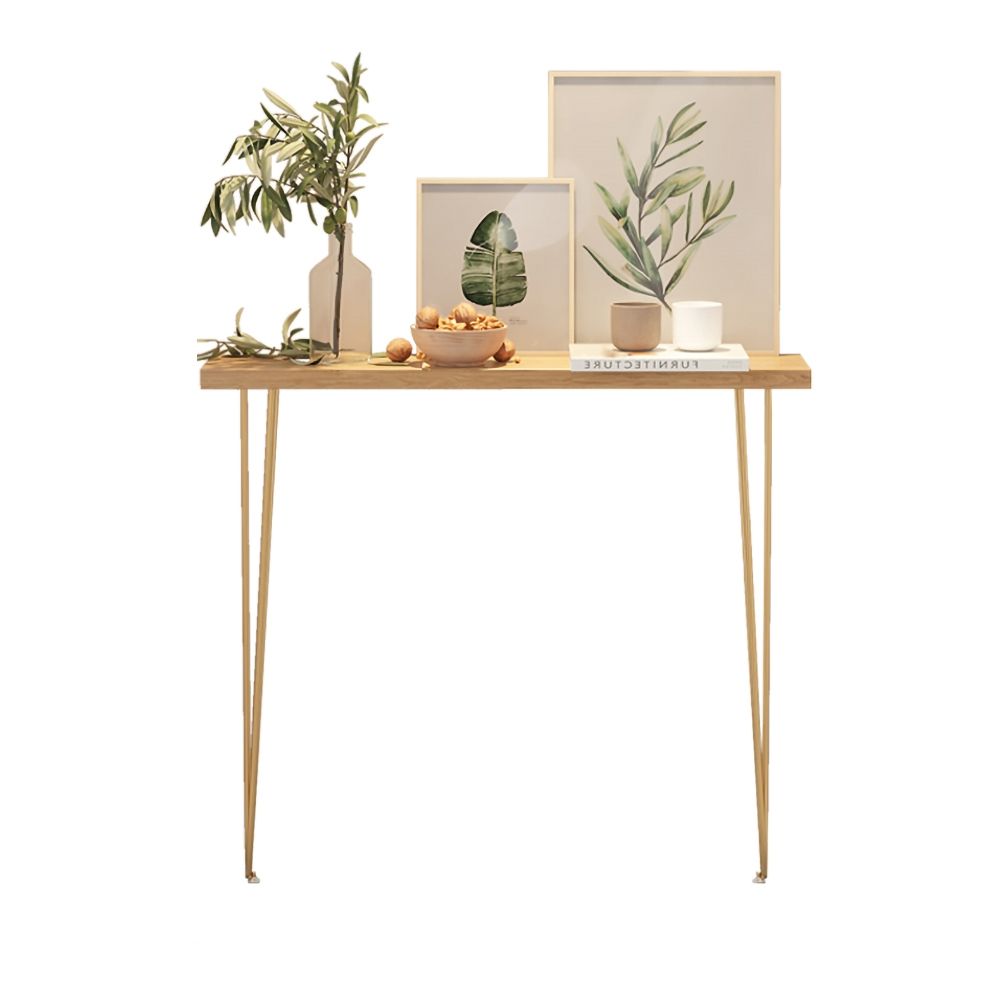 Modern Narrow Rectangular Console Table with Wooden Top Metal Legs