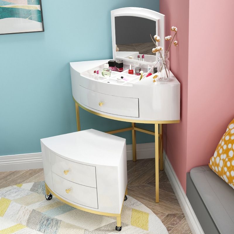 White Corner Makeup Vanity Table with Flip-Top Mirror & Drawers & Stool
