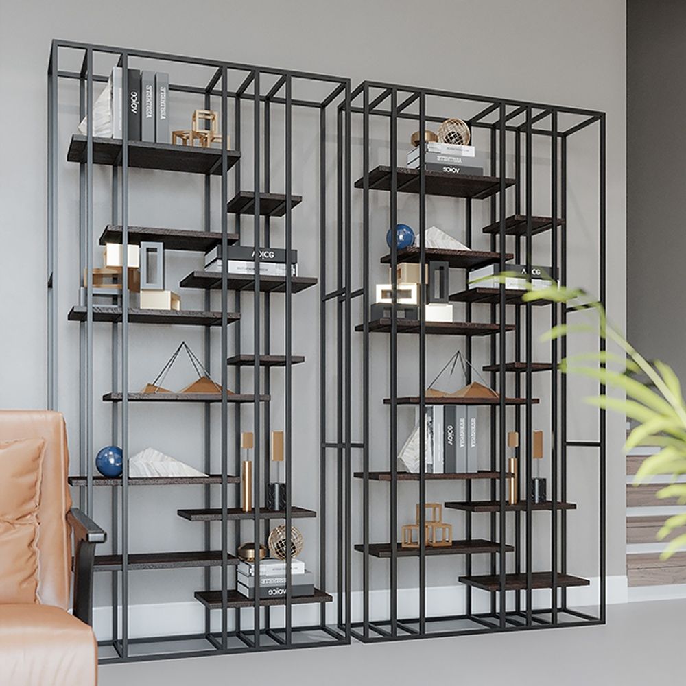 Black Modern Metal Etagere Bookshelf Freestanding with Wood Shelf 11 ...