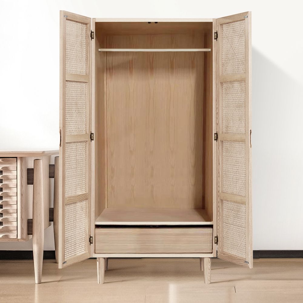 Cottage 2-Door Rattan Closet with Hidden Drawer Natural Woven Cabinet Ash