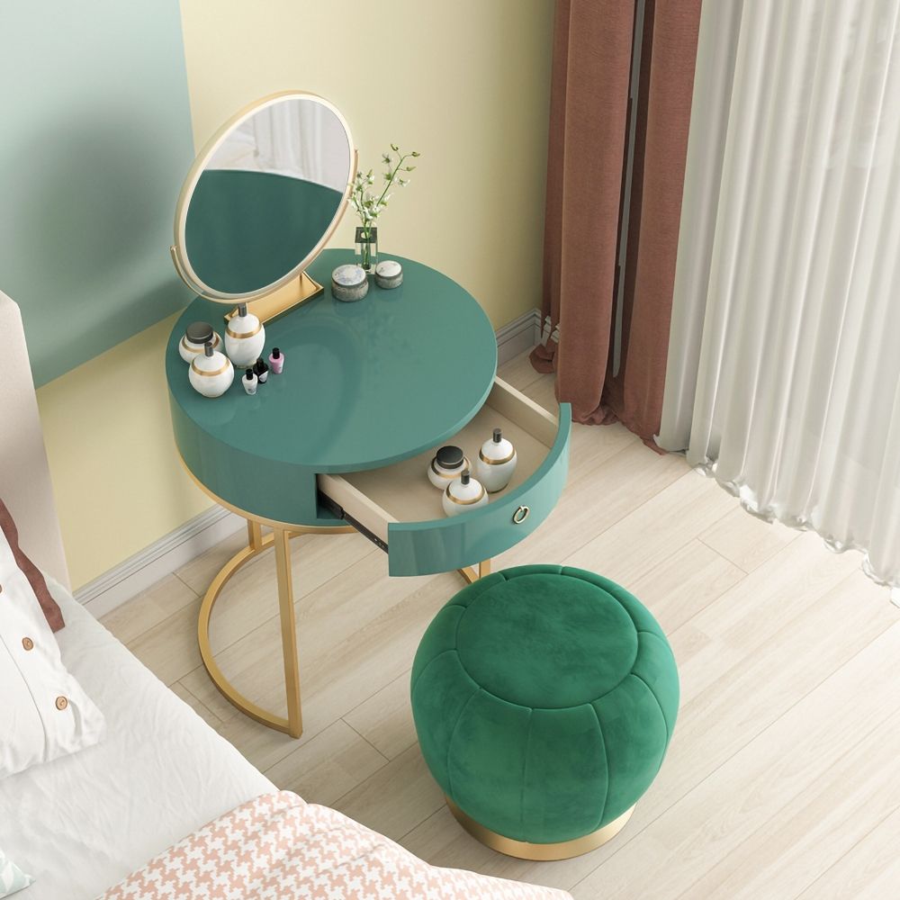 Green Makeup Vanity Set with Drawer Velvet Stool Mirror Included Metal ...