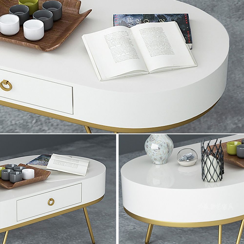 Modern White Coffee Table with Drawer Wooden Frame & Gold Metal Legs