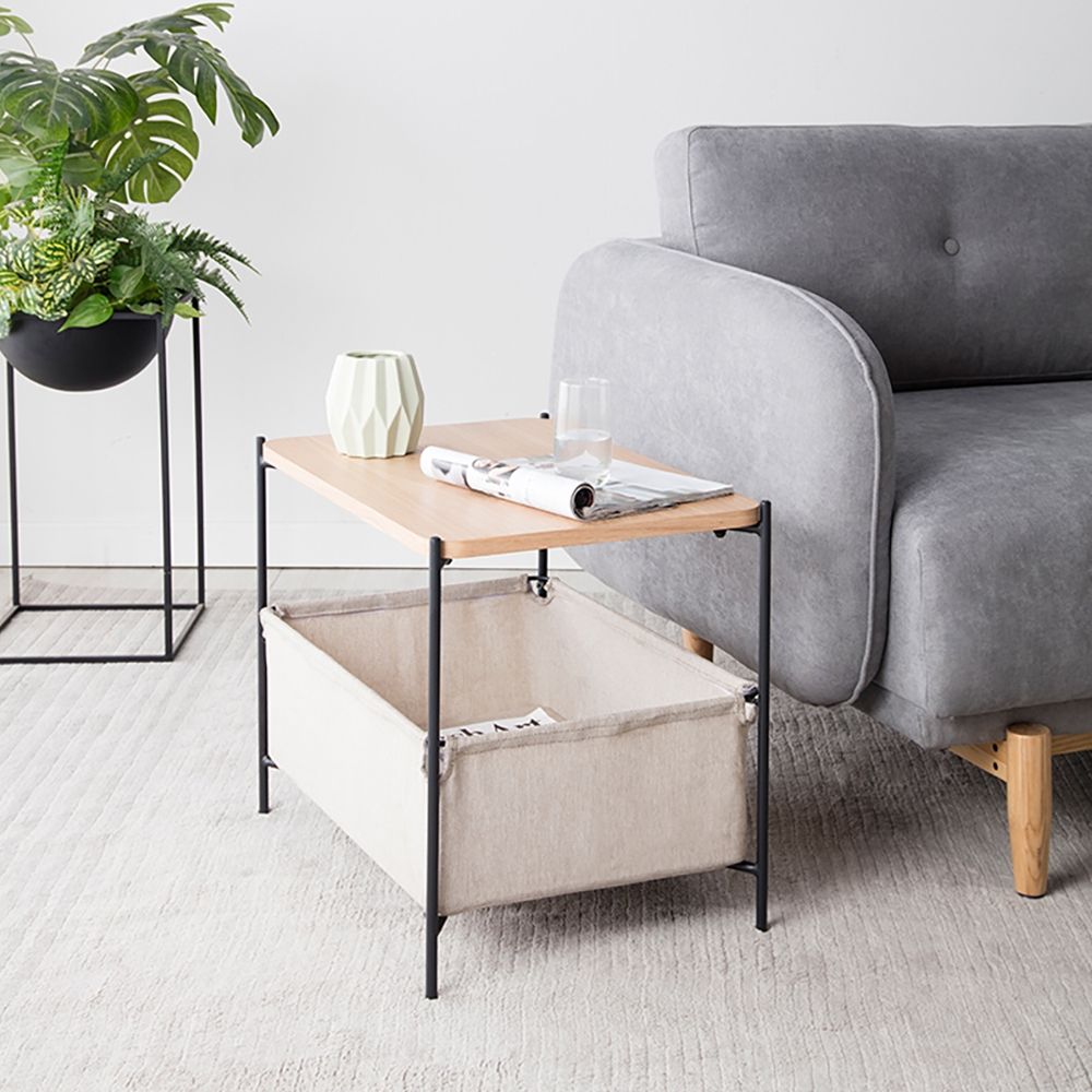 Modern Rectangular End Table with Storage Wood Top & Metal Legs Side Table