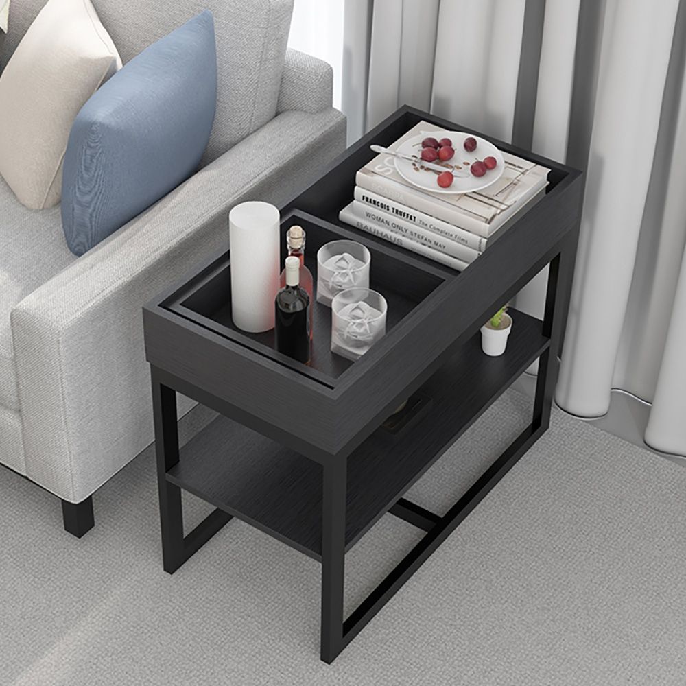 Modern Black End Table with Shelf & Storage Wooden Side Table Metal Frame