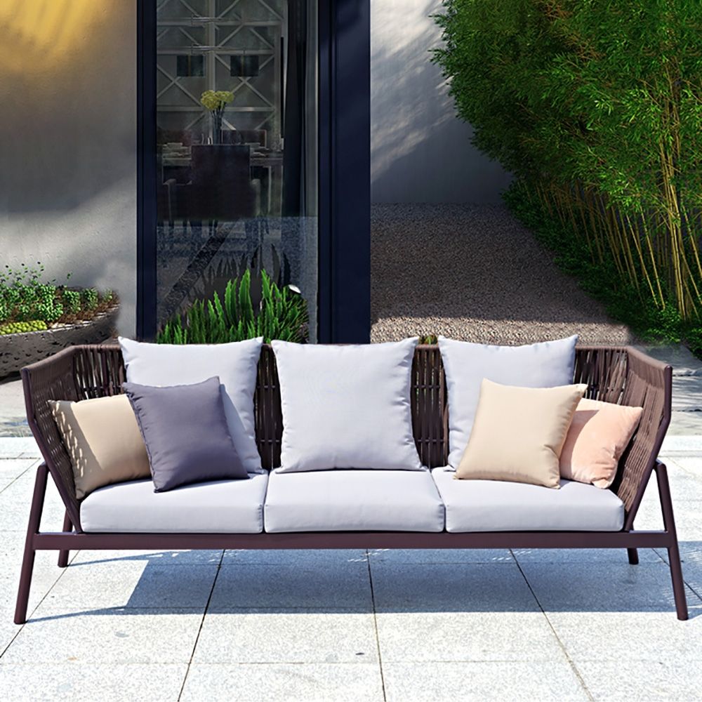 3-Seater Outdoor Sofa Bench with Rattan Rope Woven Back Aluminum Frame