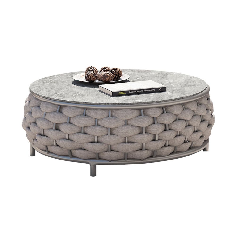 Stone-top Round Coffee Table with Textilene Rope Woven Base