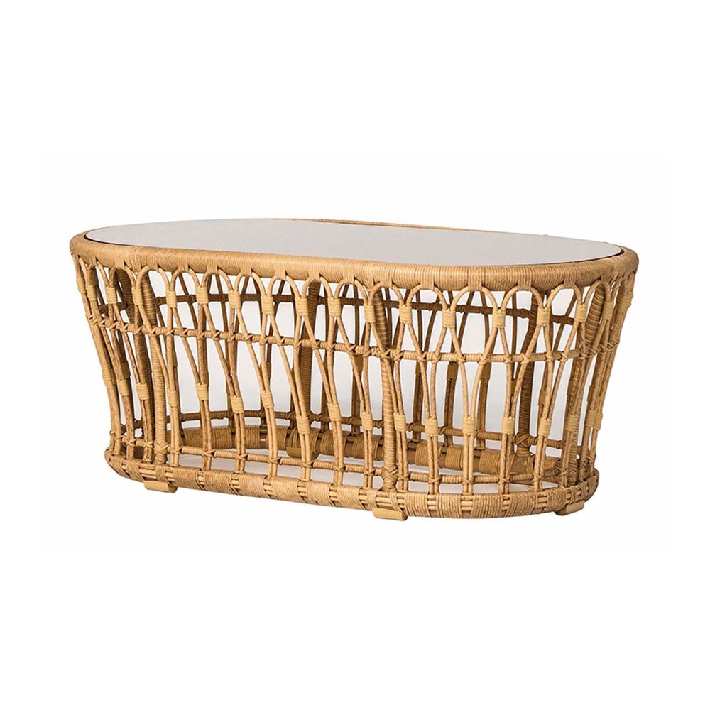 Tropical Style 39.4" Oval Rattan Coffee Table with Black Glass-Top