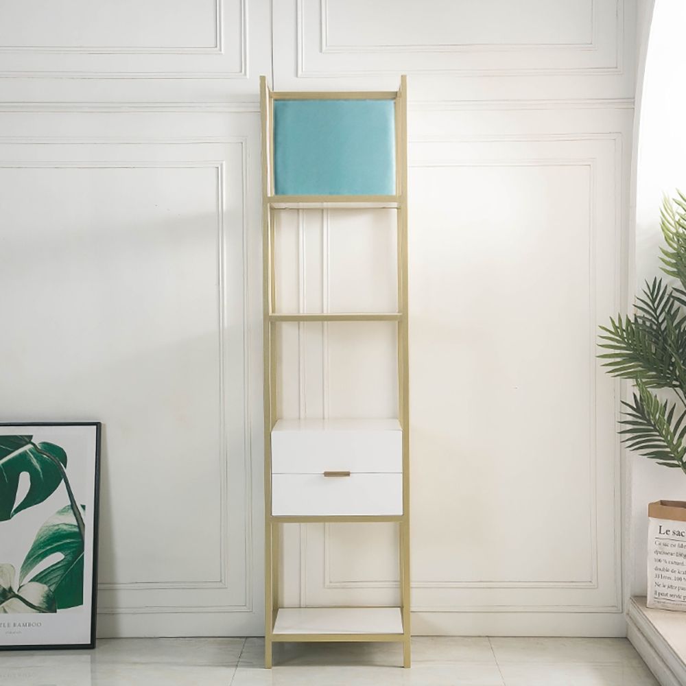 4-Tiers Tall Bookcase Gold Bookshelf with 2 Drawers in Light Blue