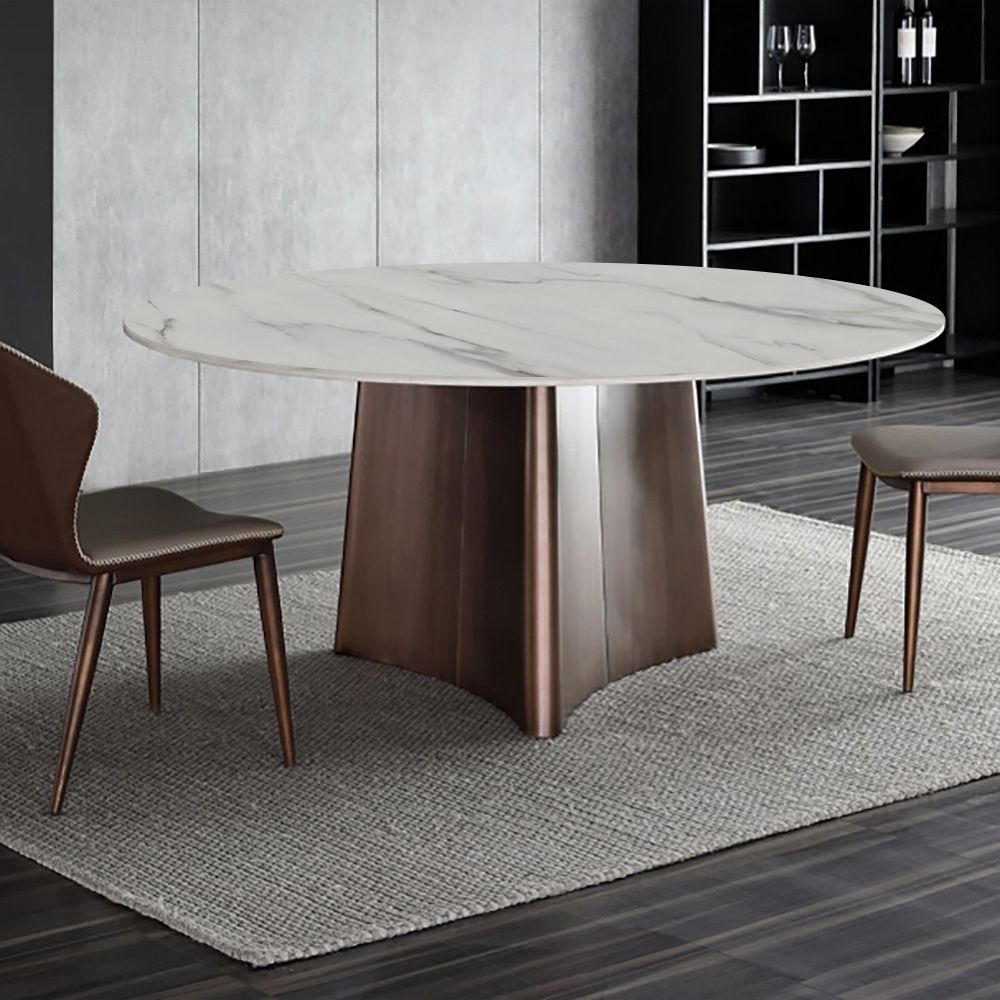 Modern Round Dining Table with Stone Top & Carbon Steel Base