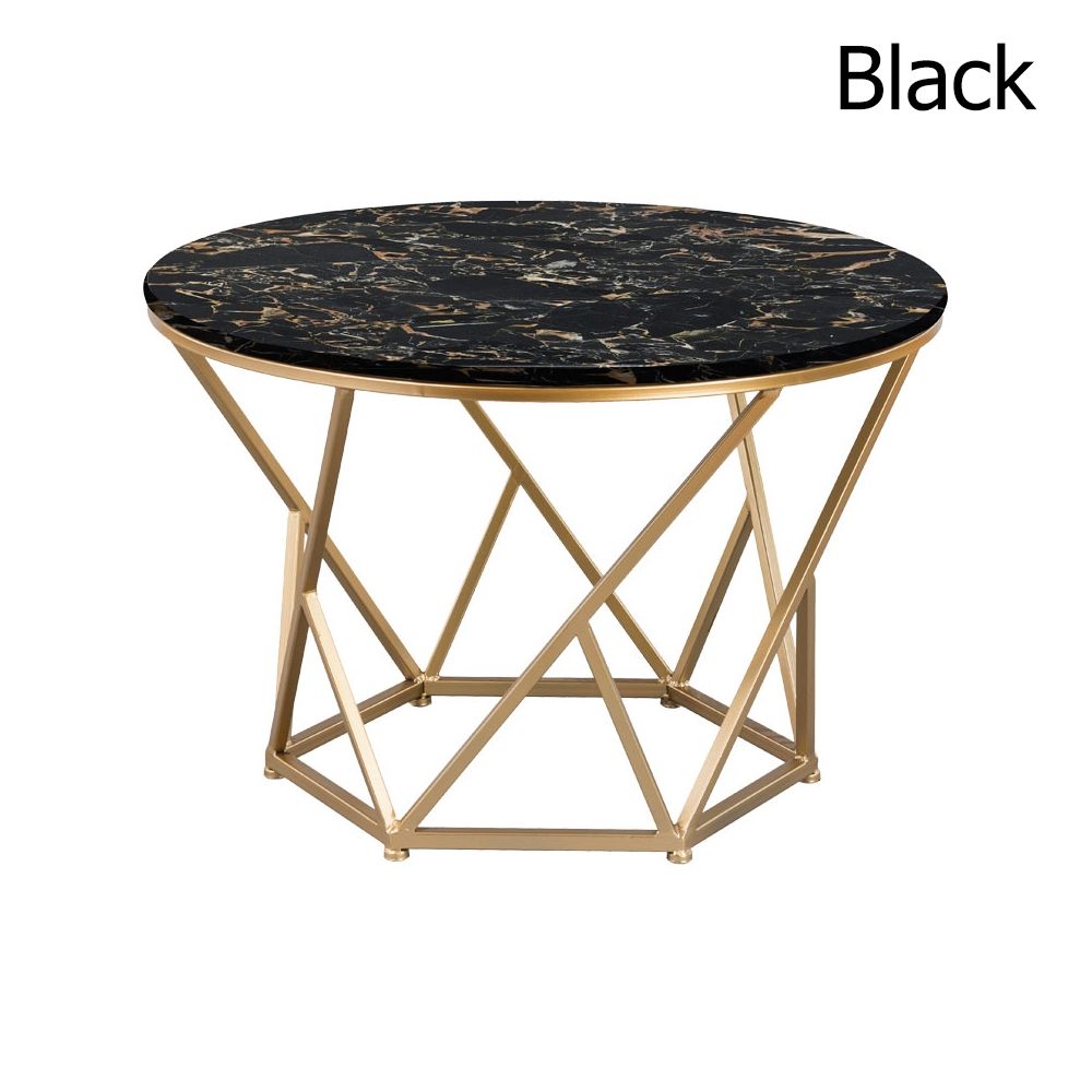 Modern Marble Round Coffee Table with Metal Base in Black