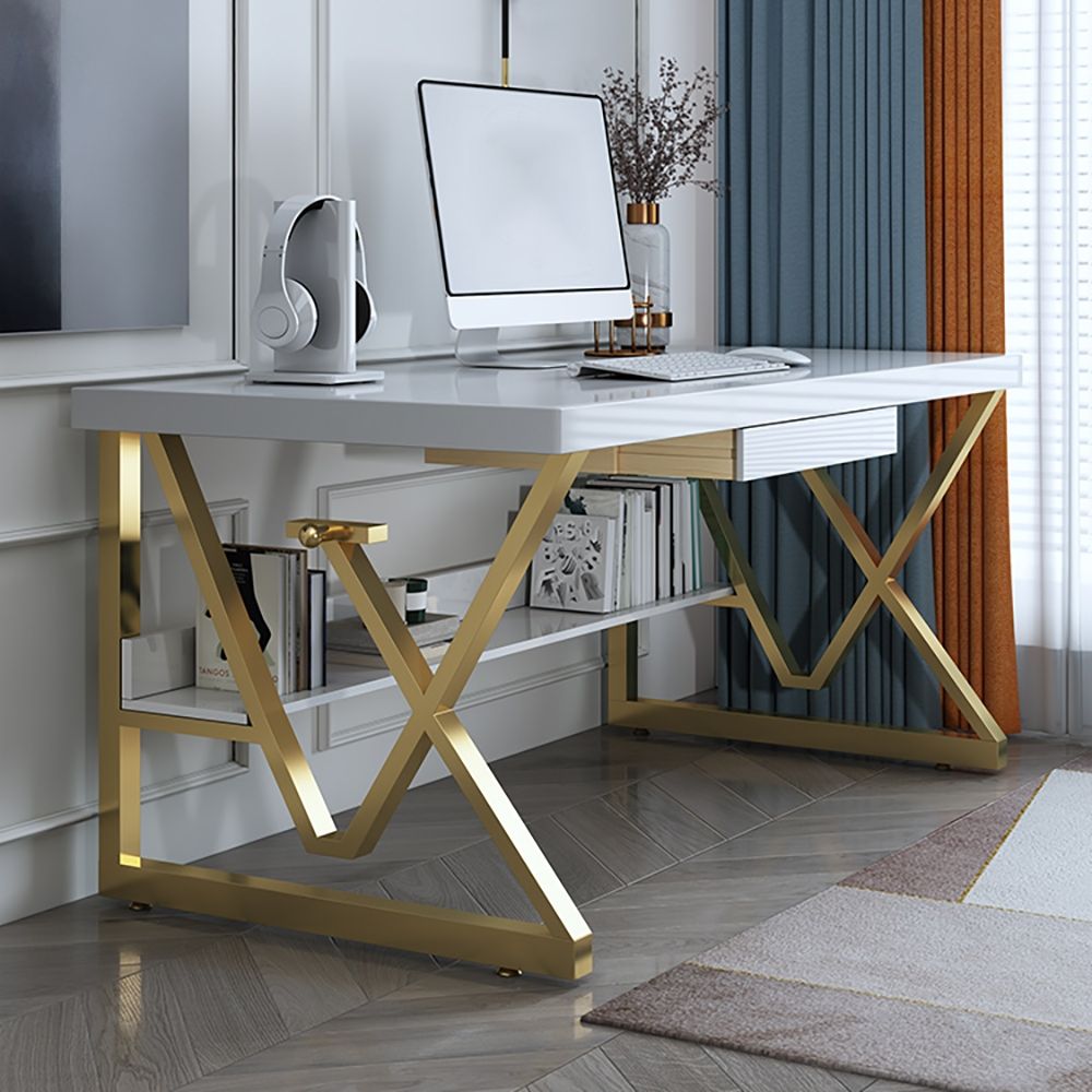 Modern White Writing Desk with Drawer & Shelf Wood Top & Metal Frame