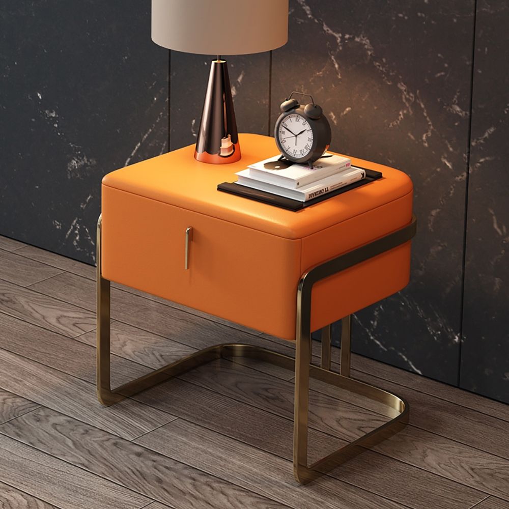 Italian Minimalist Orange Nightstand Upholstered Leather Surface with 1 ...