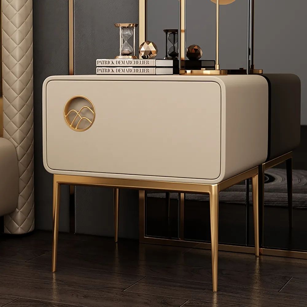 Modern Beige Nightstand Luxury 1-Drawer Faux Leather Bedside Table Gold ...