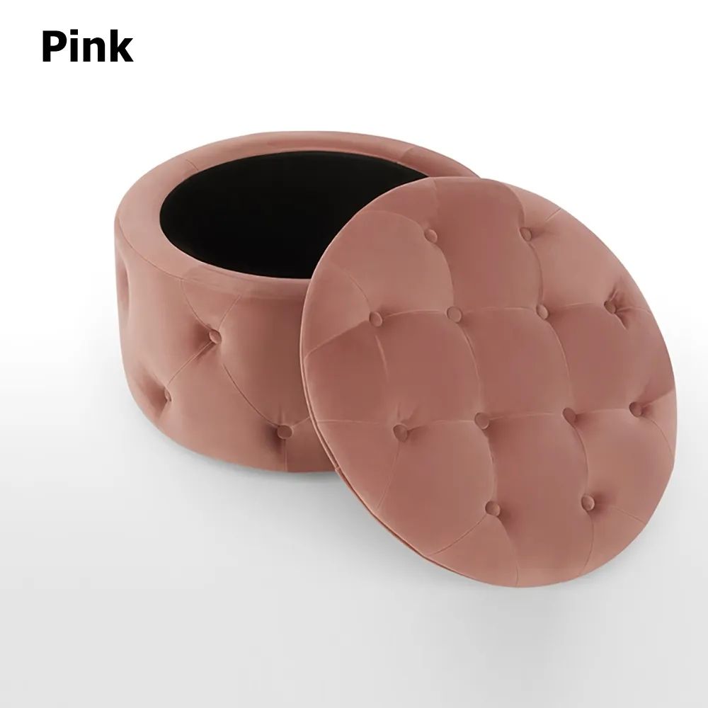 Pink Tufted Ottoman Upholstered Round Stool Velvet 23.6''Dia