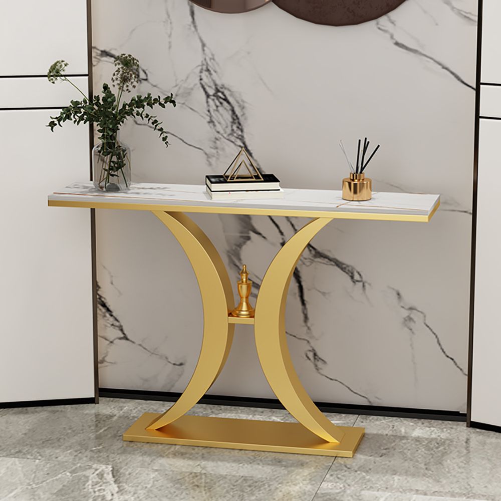 White Modern Narrow Console Table with Stone Top & Metal Frame