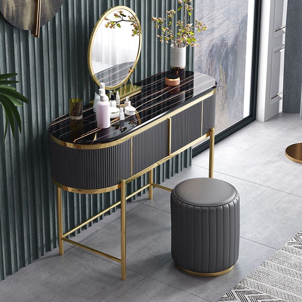 2 Drawers Modern Gray Makeup Vanity Set Faux Marble Top Mirror & Stool ...
