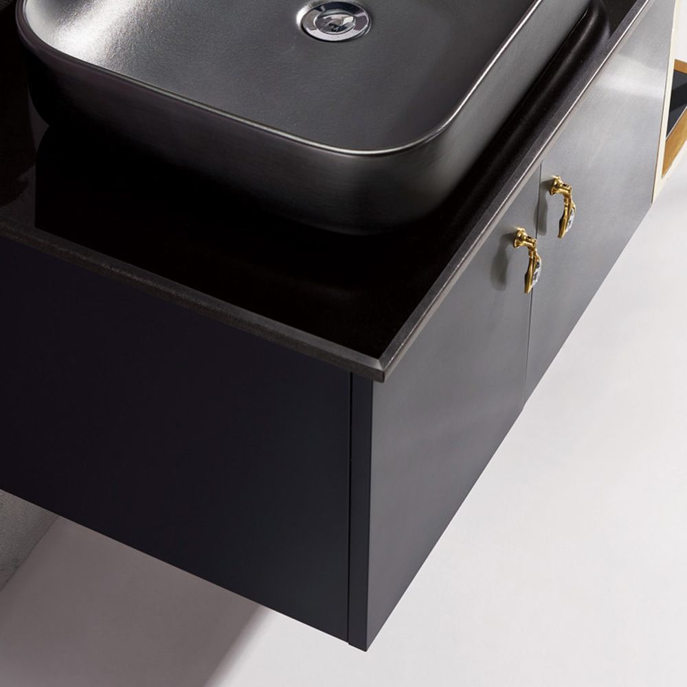 900mm Black Floating Bathroom Vanity Faux Marble Top Single Ceramic ...