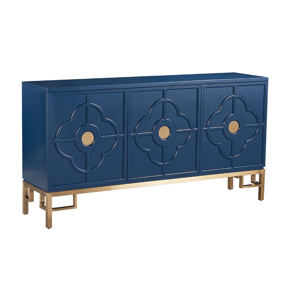 Blue Buffet 3-Door Clover Embossment Sideboard Gold Finish