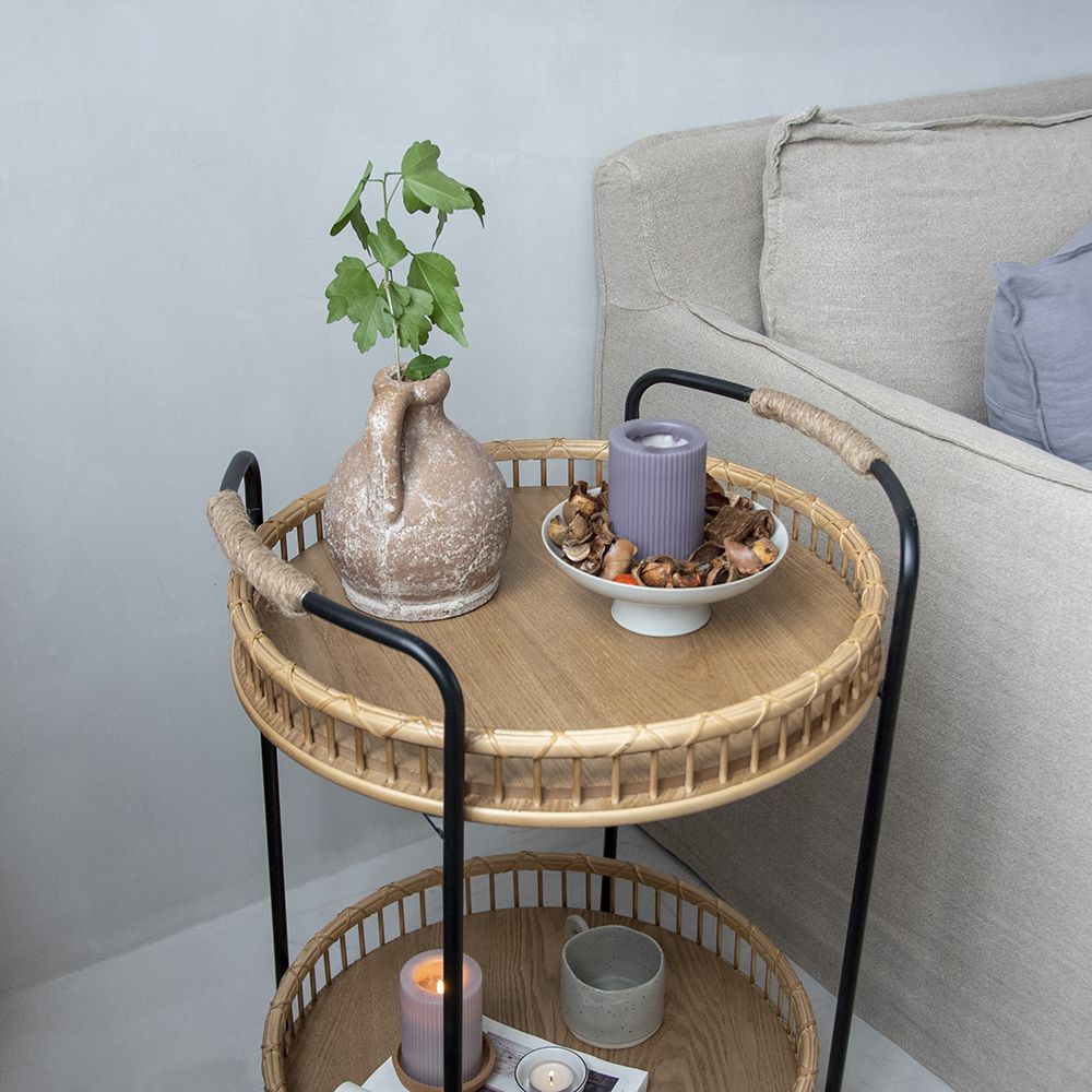 Modern Side Table Rattan Bar Cart with Rolling Foot Woven Side Table