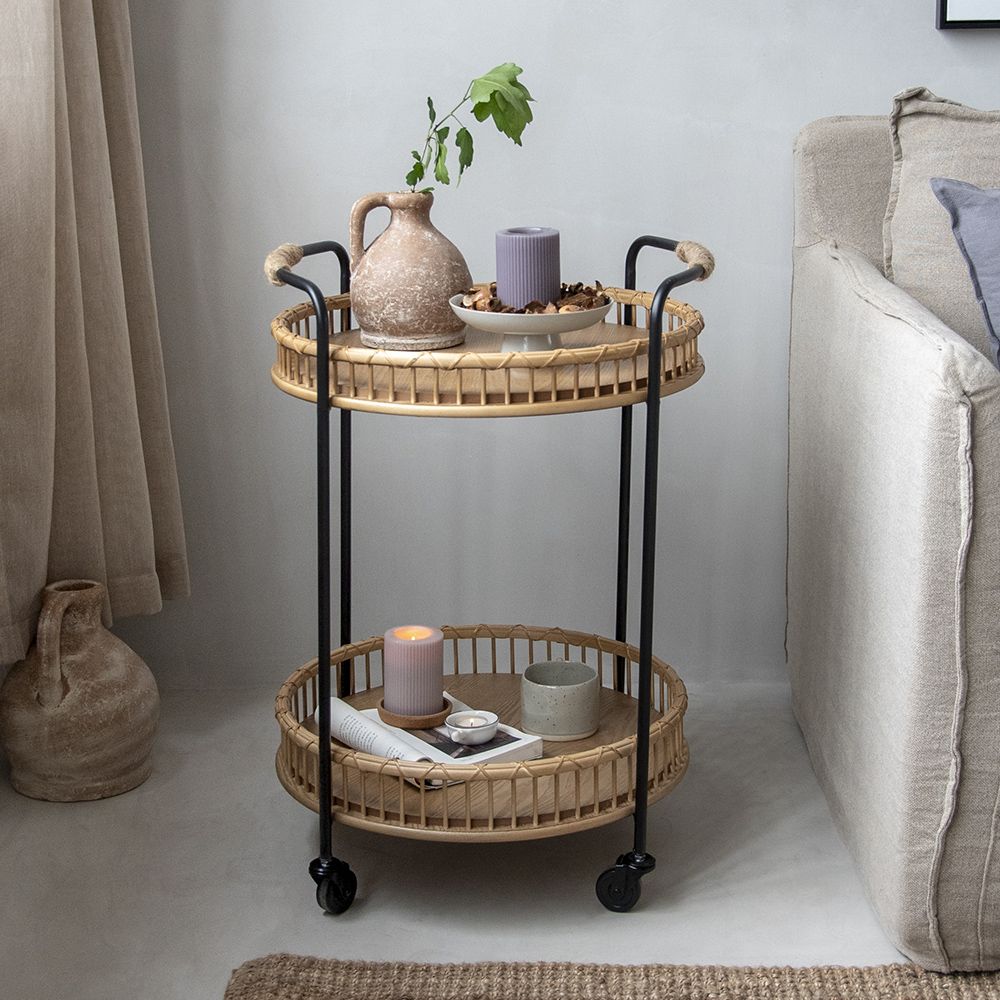 Modern Side Table Rattan Bar Cart with Rolling Foot Woven Side Table