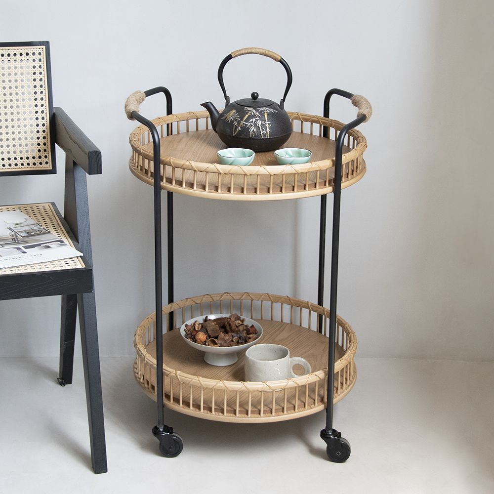 Modern Side Table Rattan Bar Cart with Rolling Foot Woven Side Table