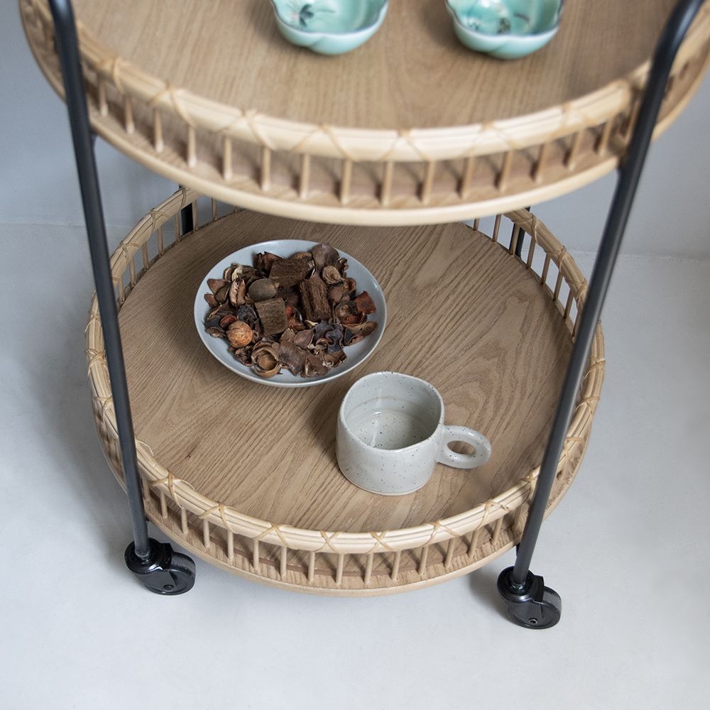 Modern Side Table Rattan Bar Cart with Rolling Foot Woven Side Table