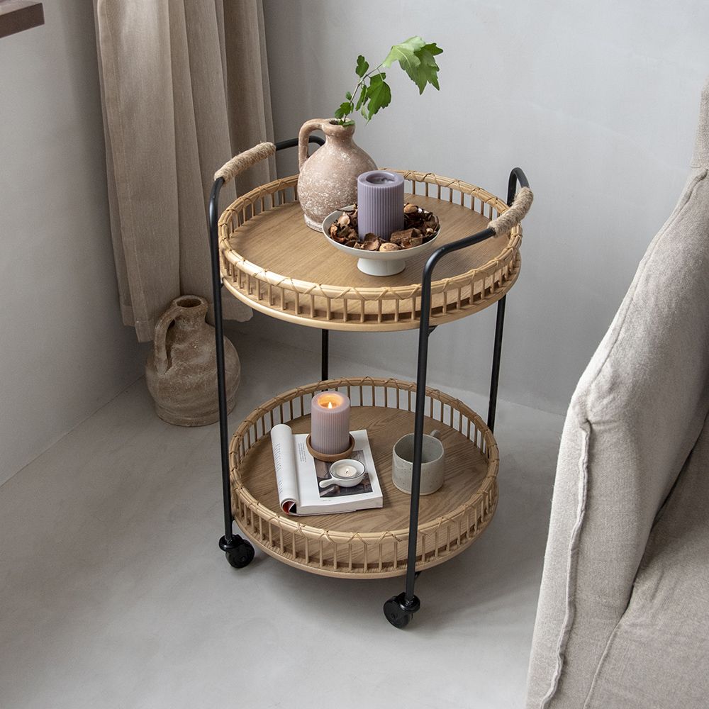 Modern Side Table Rattan Bar Cart with Rolling Foot Woven Side Table