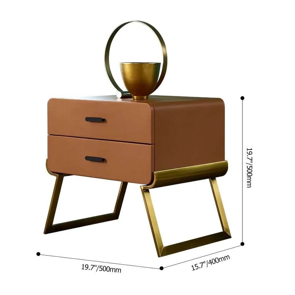 Modern Brown Nightstand 2 Drawers PU Leather Nightstand with Gold Legs