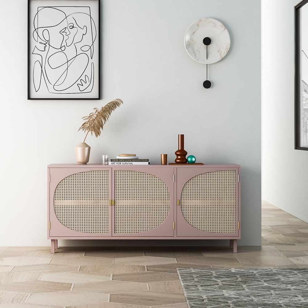 63" Rectangular Pink Rattan Sideboard Buffet 3 Doors Storage Cabinet ...
