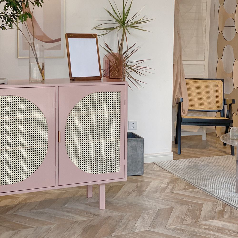 63" Rectangular Pink Rattan Sideboard Buffet 3 Doors Storage Cabinet ...