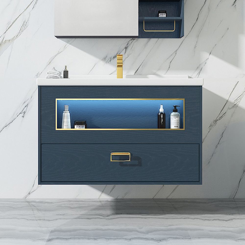 39.4" Blue Wall-Hung Floating Bathroom Vanity Cabinet Top Ceramic Drop ...