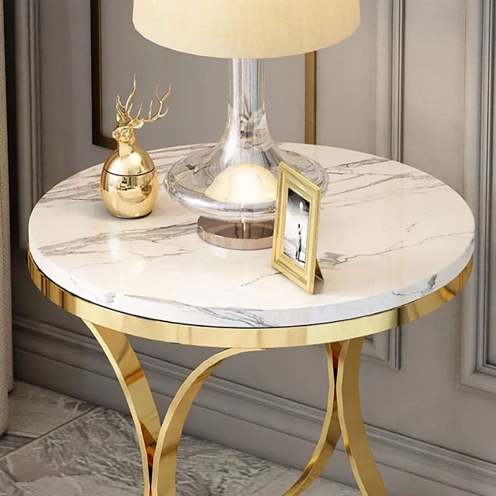 Modern Luxurious Round White Stone Side Table X-Base End Table in Gold
