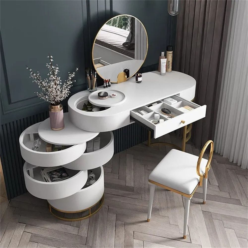 White Makeup Vanity Dressing Table With Swivel Cabinet Mirror Stool