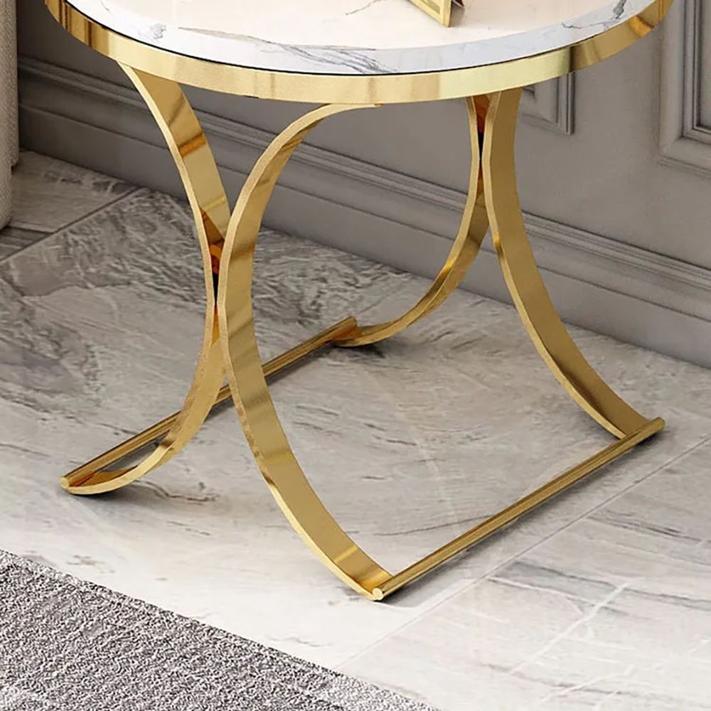 Modern Luxurious Round White Stone Side Table X-Base End Table in Gold