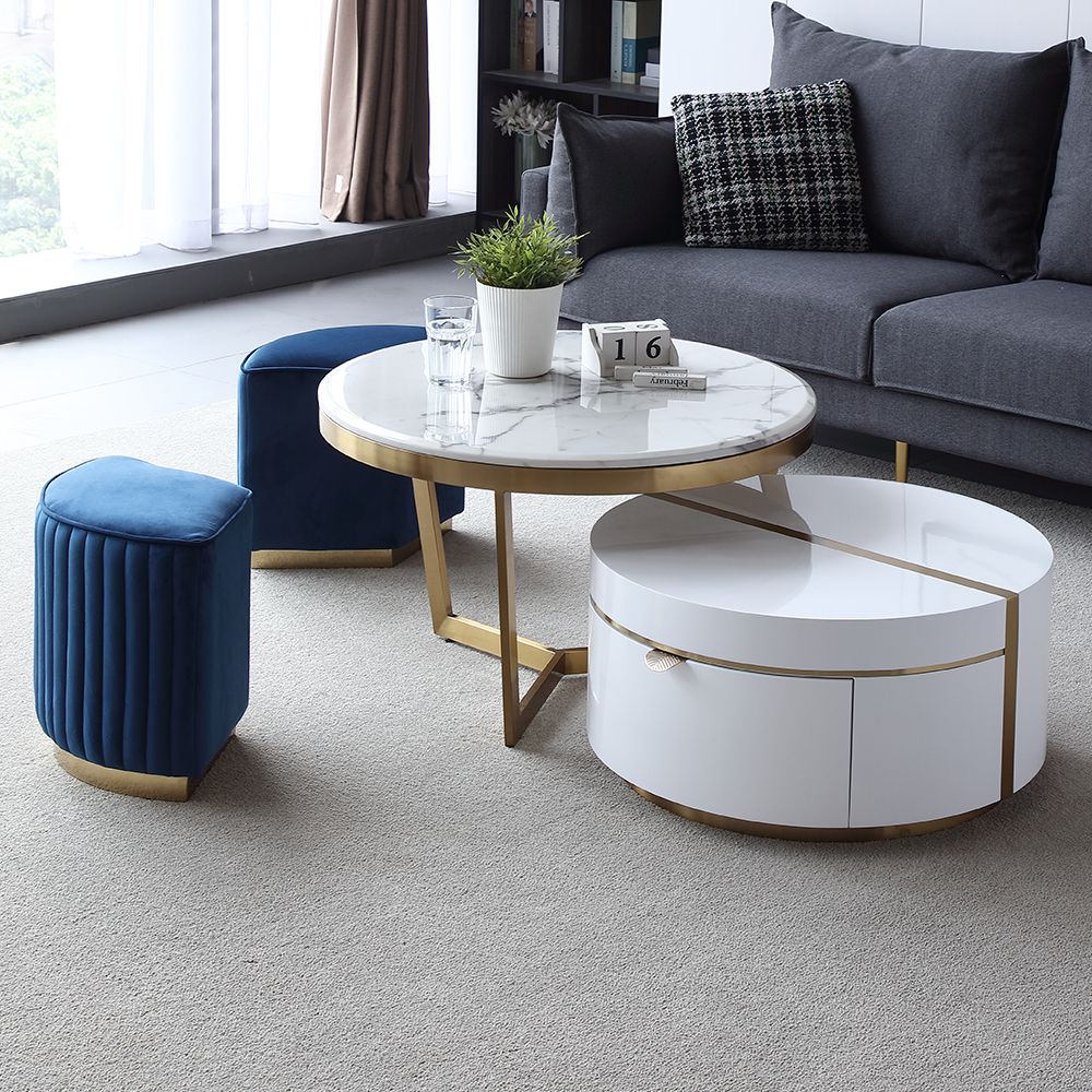 Table Basse Gigogne Blanche avec Poufs Table Basse en Faux Marbre avec ...