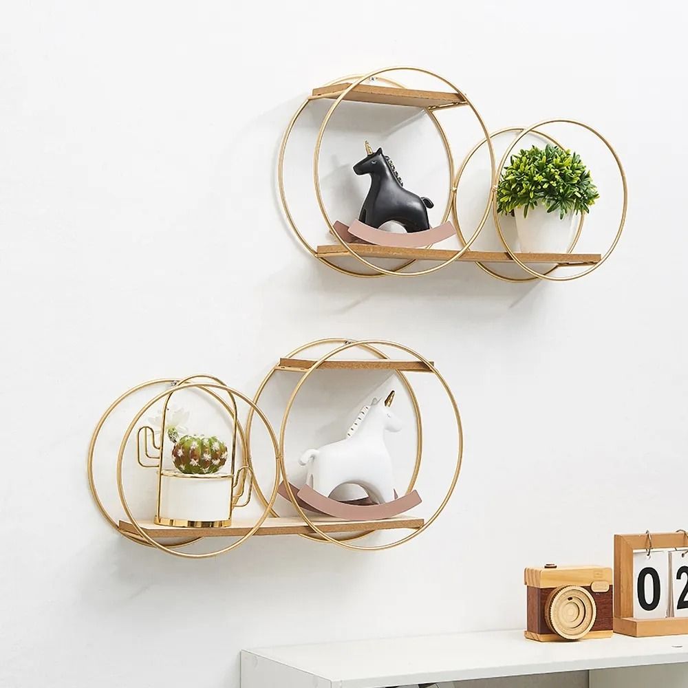 Simple Round Floating Shelf Decorative Wall Shelf Metal&Wood in Style A